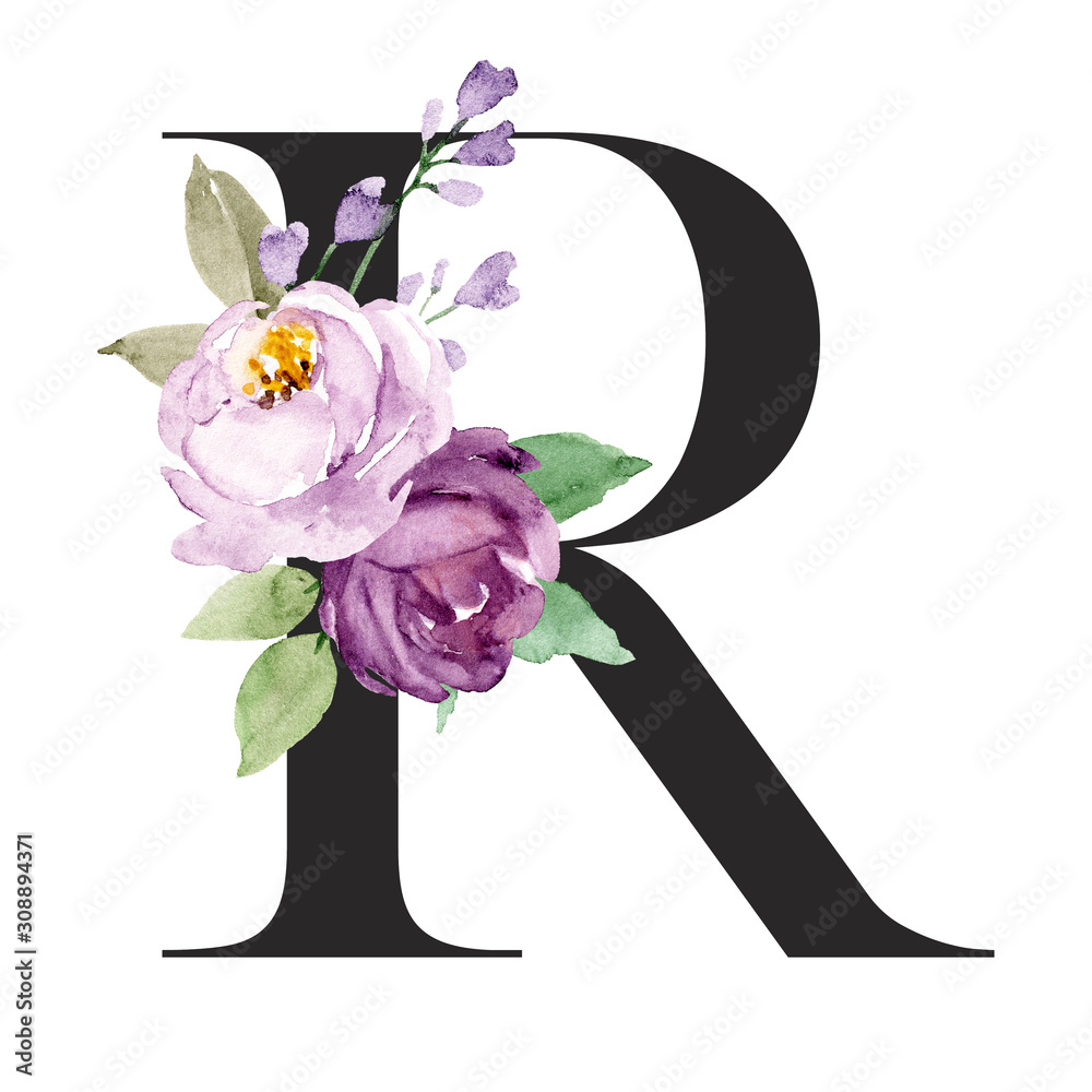 Letter r, floral alphabet with watercolor flowers and leaf. Monogram ...