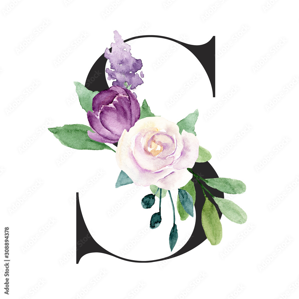 Letter s, floral alphabet with watercolor flowers and leaf. Monogram ...