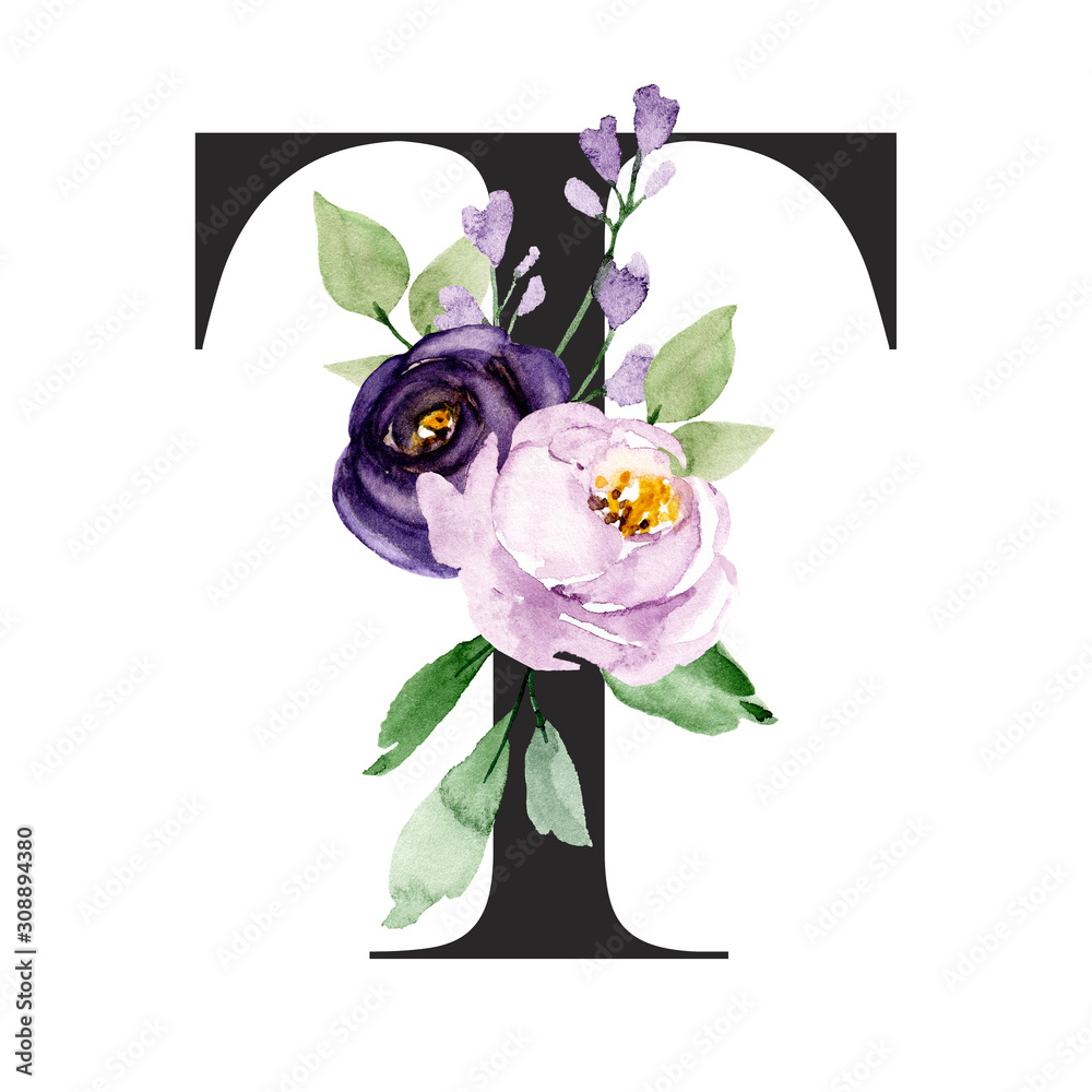 Letter t, floral alphabet with watercolor flowers and leaf. Monogram ...