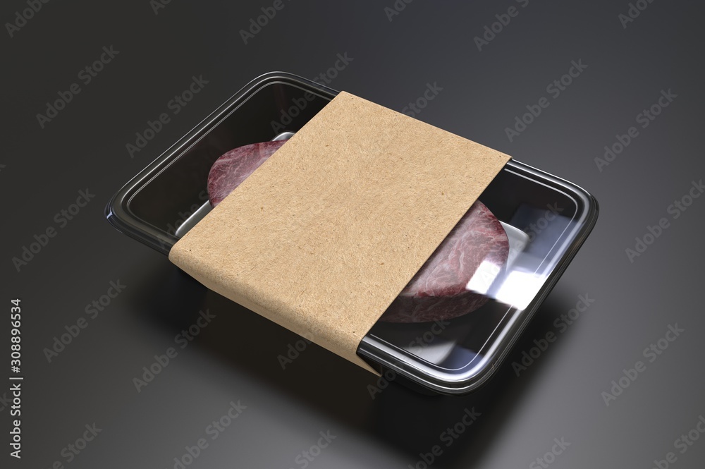 Meat food tray with blank paper label, 3d render illustration. Stock ...