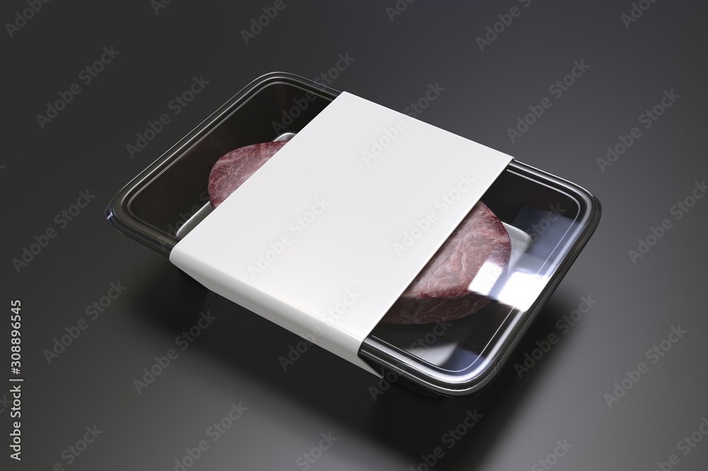 Meat food tray with blank paper label, 3d render illustration. Stock ...