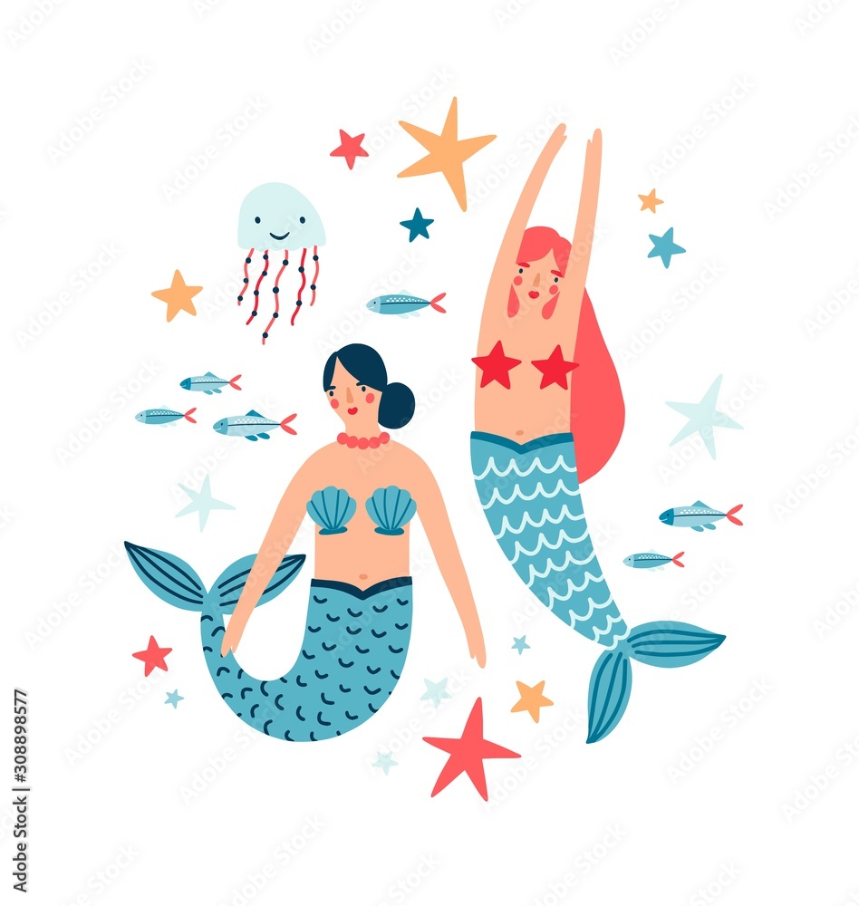 Water nymph and sea inhabitants flat vector illustration Stock Vector ...