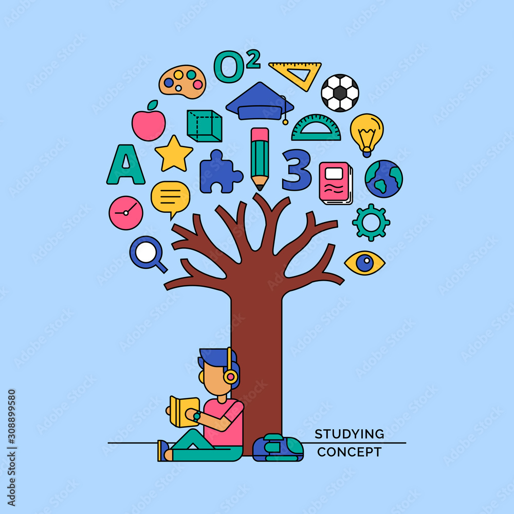 student reading book under the knowledge icon tree vector illustration ...