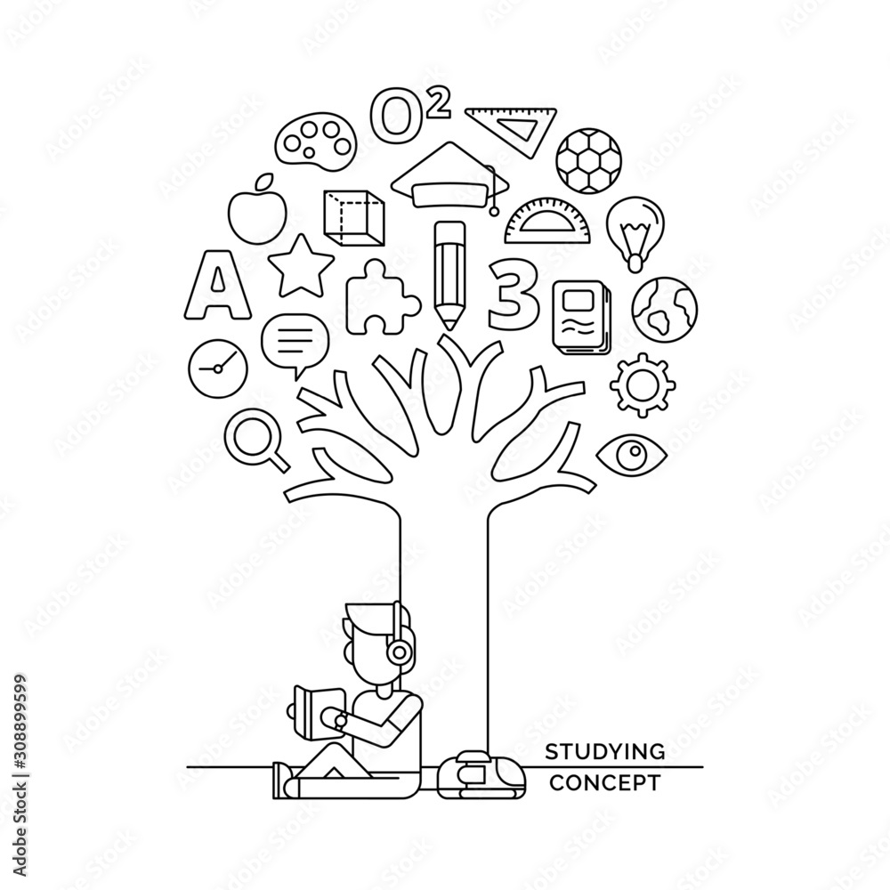 student reading book under the knowledge icon tree vector doodle art ...