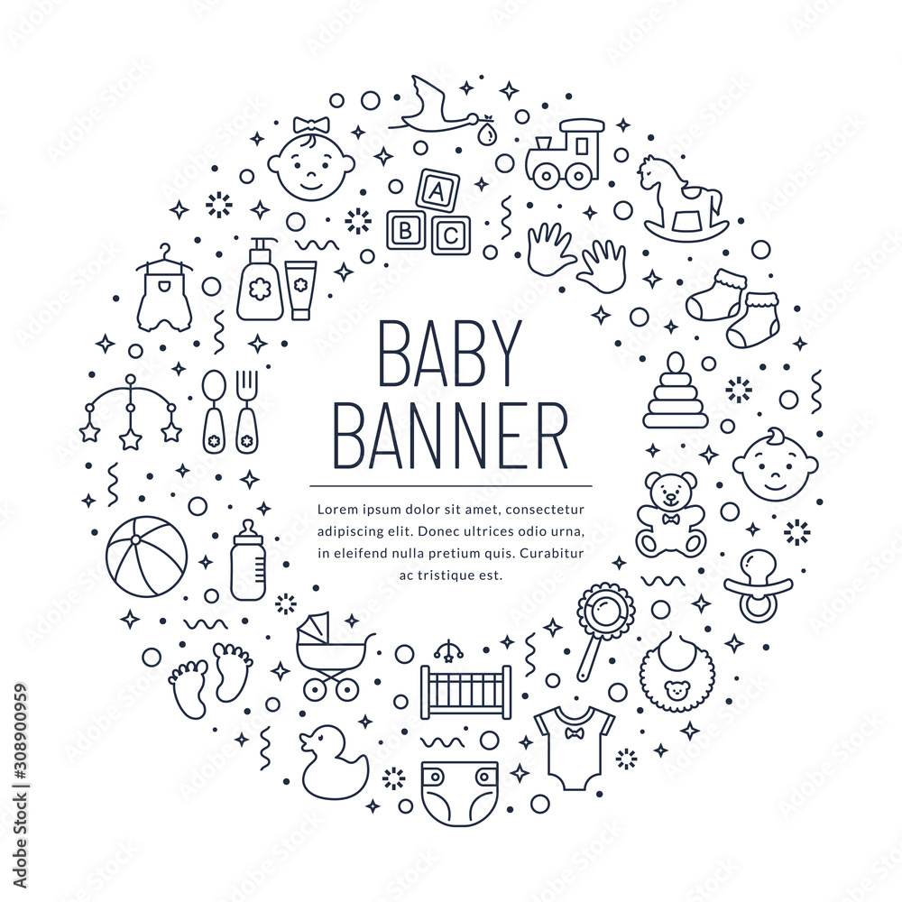 Baby banner with line icons. Vector background. Stock Vector | Adobe Stock