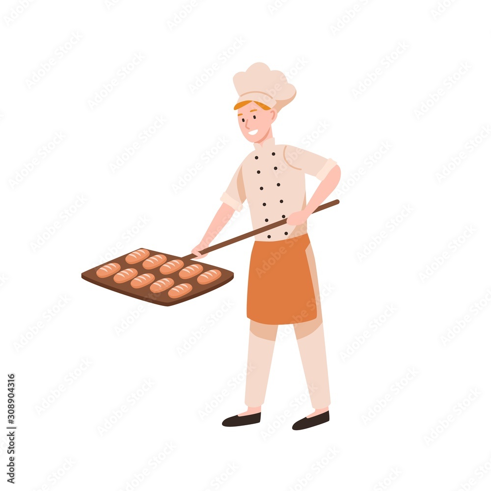 Smiling male baker baking bread flat vector illustration. Happy bakery ...