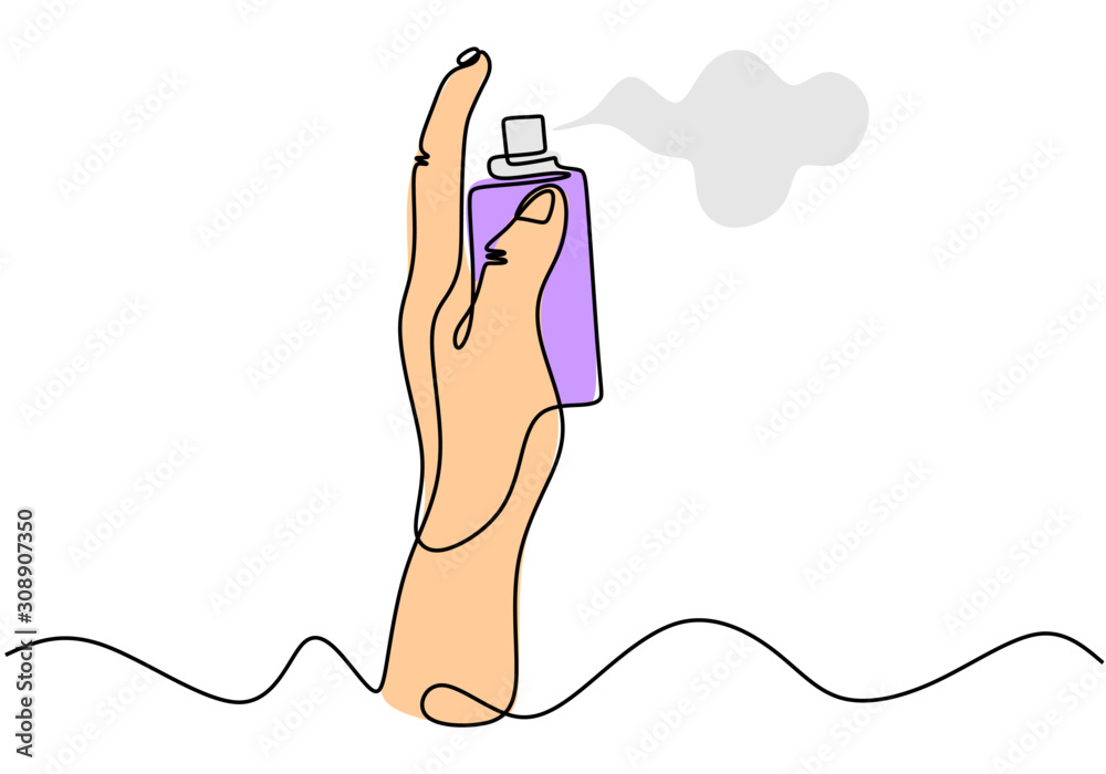 Continuous one line drawing of hand spraying perfume aroma from bottle ...