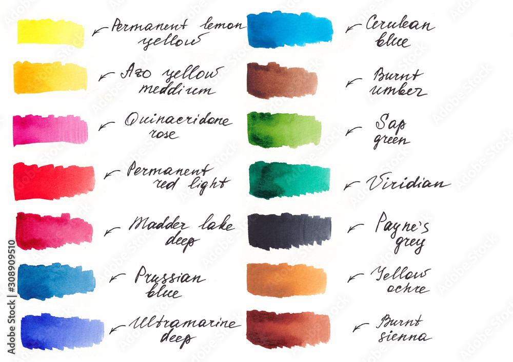 Watercolor color samples, colors table, table of colors, color sampler ...
