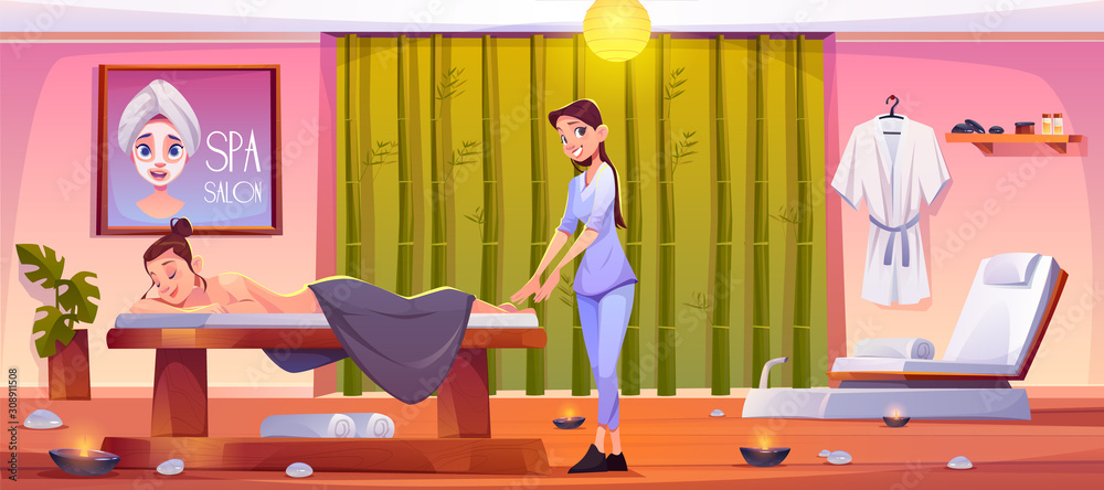 Woman in spa salon, girl lying on couch, masseur prepare making massage ...