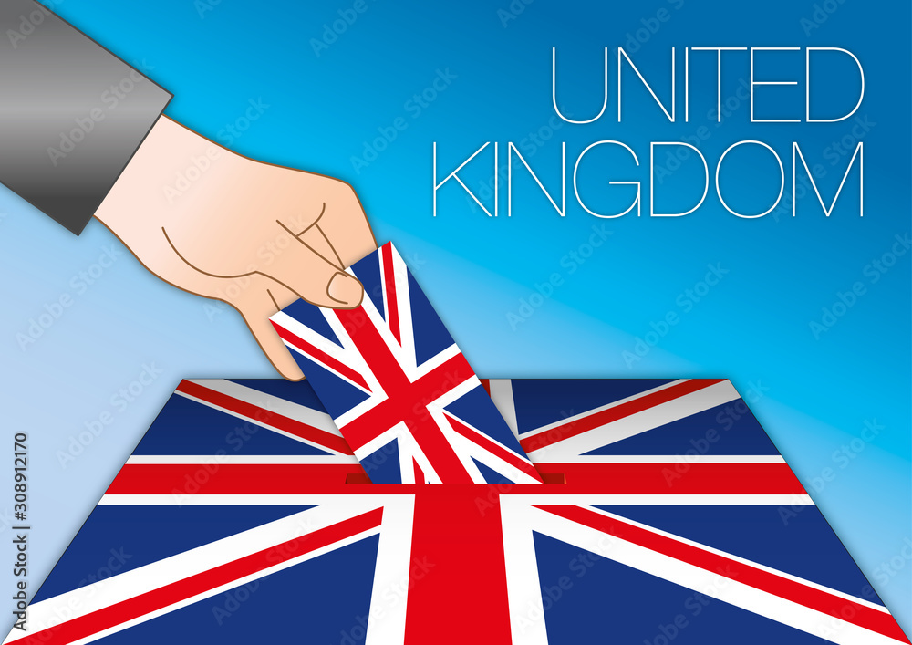 United Kingdom elections, ballot box with hand and uk flag and symbols ...