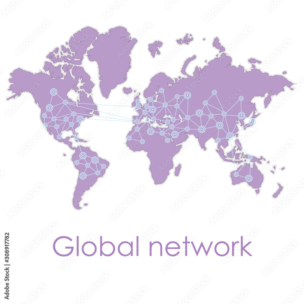 Global network: map of the world and points connected by lines. Online ...