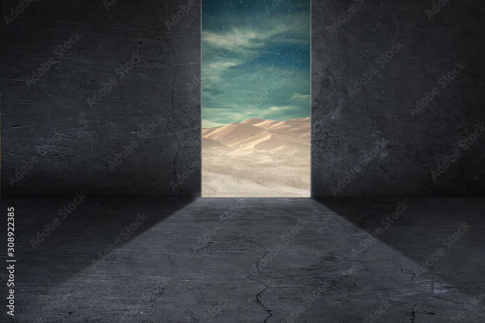 Square hole on the dark interior room, with dark concentrate floor and ...