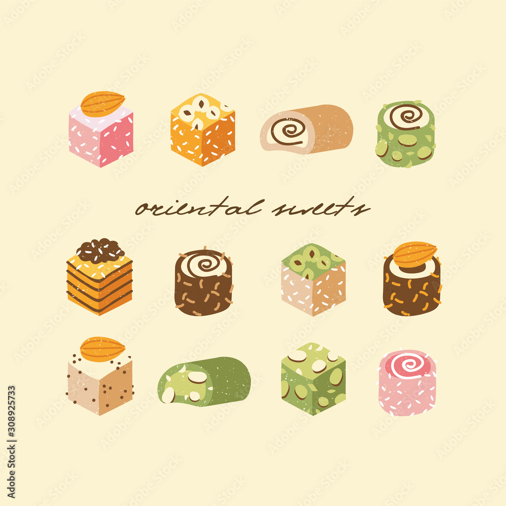 Vector Illustration collection of turkish sweets with coconut flakes ...