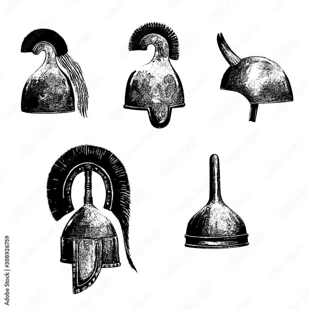 Ancient greek, sumerian, persian helmets drawing. Bronze helmet set ...