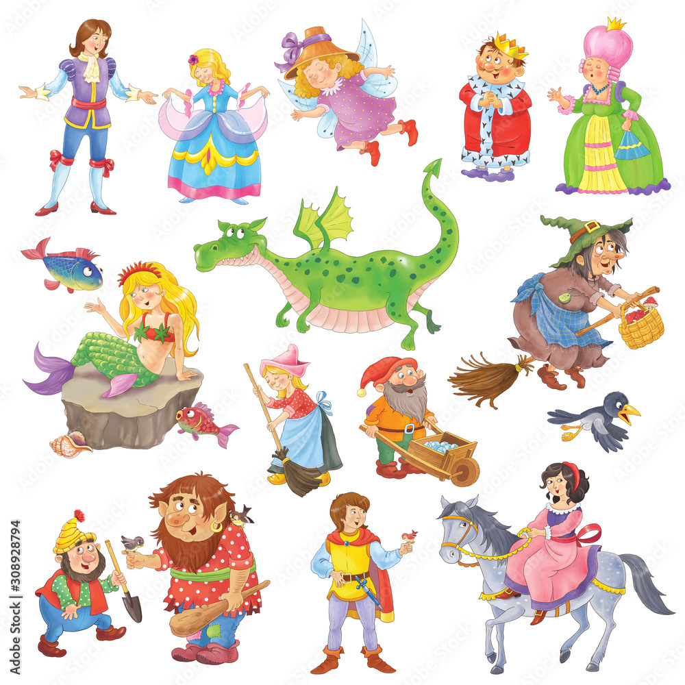 Big set of cute fairy tale characters. King, queen, prince, princess ...