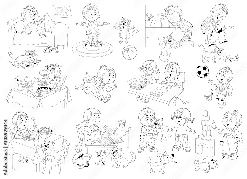 Cute little boy's day. Schedule. The boy is getting up, doing exercises ...