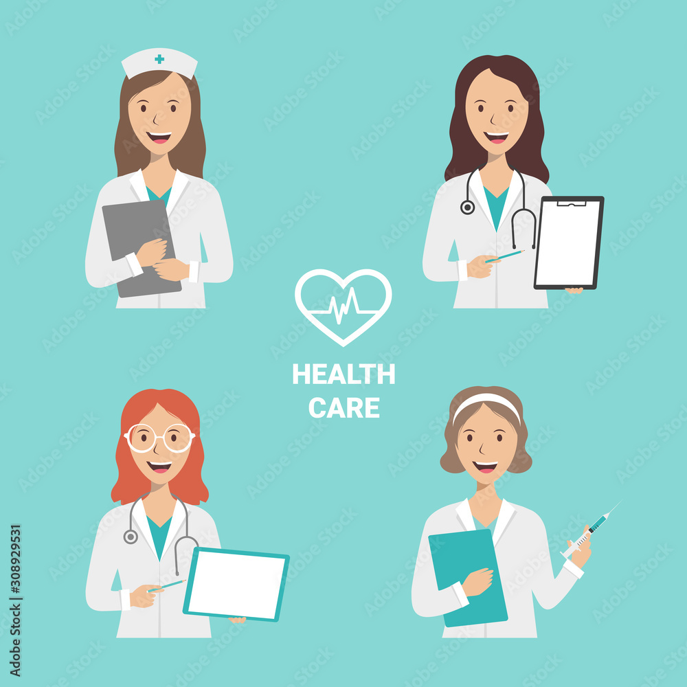 Vecteur Stock Group of female doctors and nurses on a blue background ...