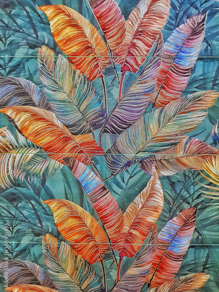 Multi-colored ceramic tiles with tropic leaves pattern for wall decor ...