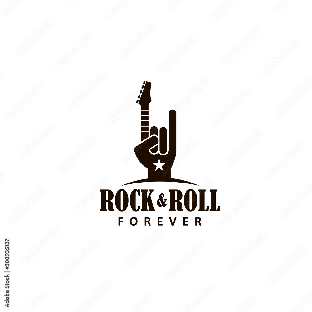 hand as symbol of rock music with electric guitar isolated on white ...