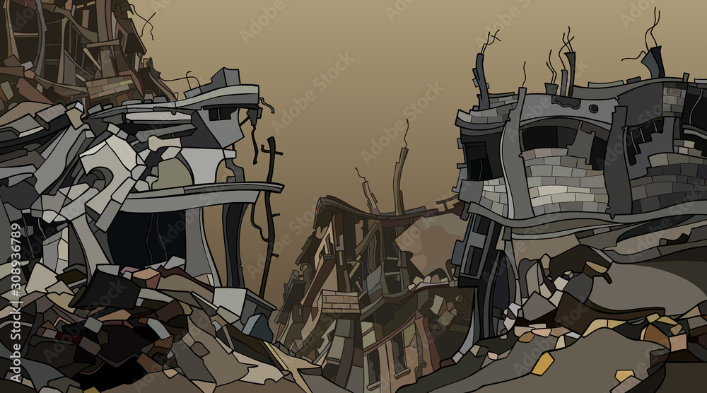 cartoon ruins of crooked ruined city houses Stock Vector | Adobe Stock