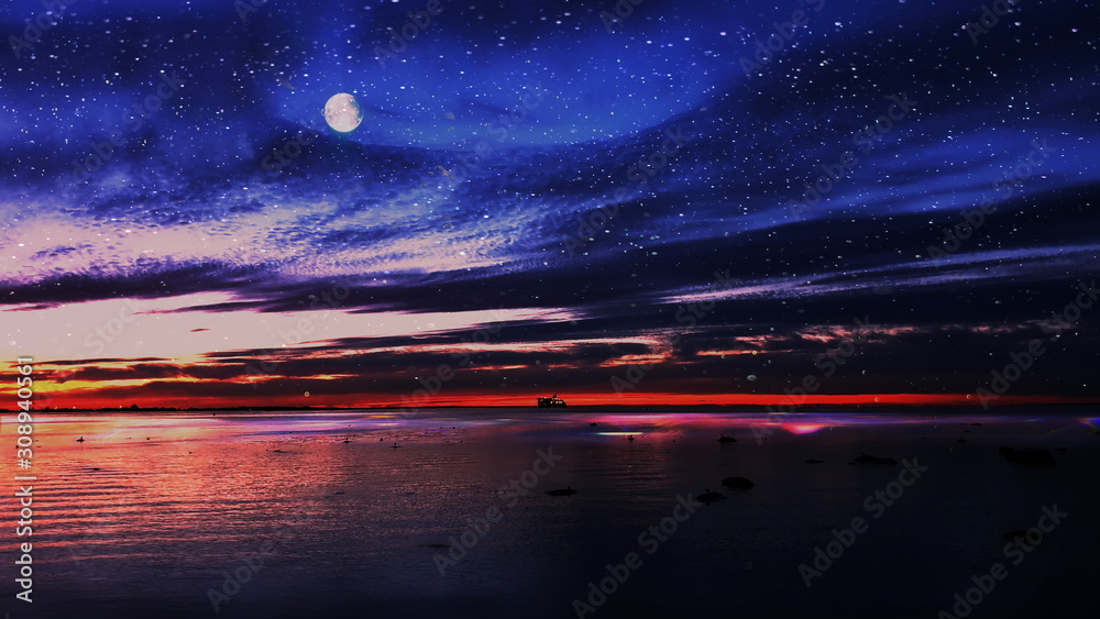 Starry Sky And Moon On Sky At Sea Landscape Blue Night Nature Starry