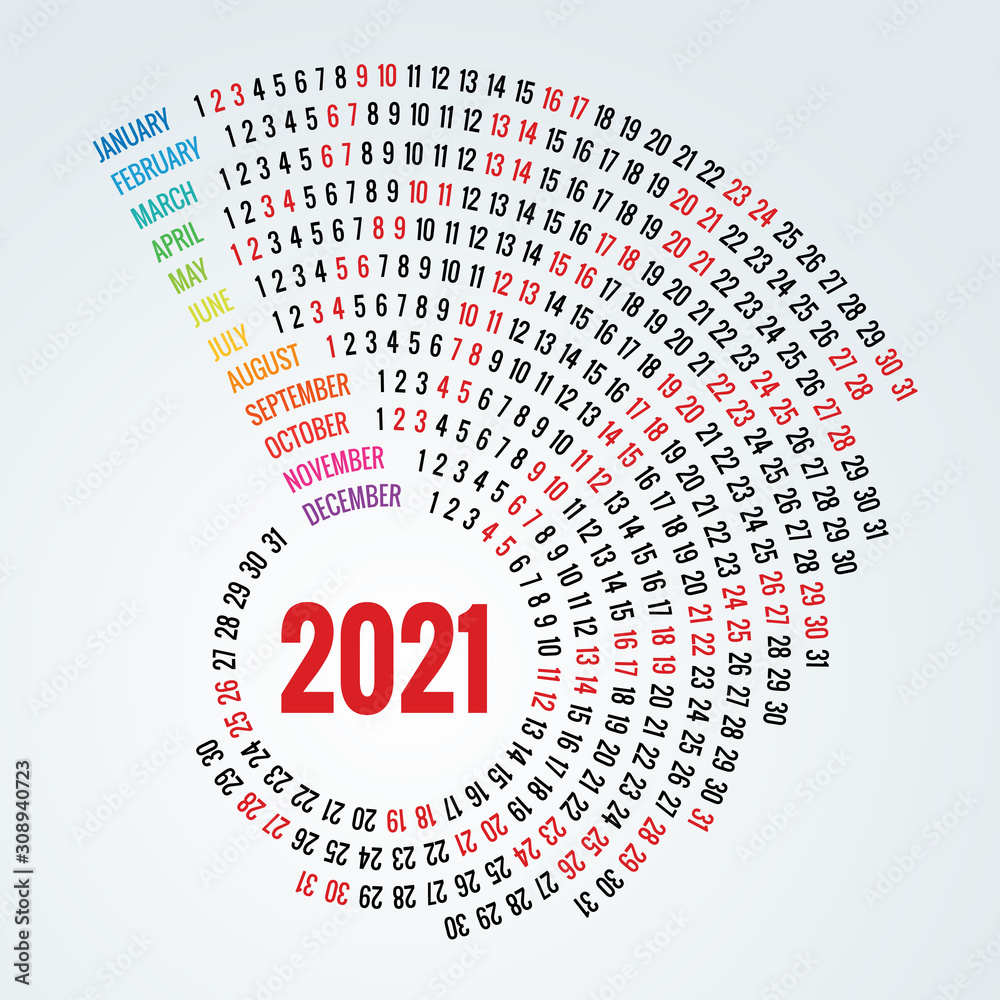 Colorful round calendar 2021 Calendar. Portrait Orientation. Set of 12 ...