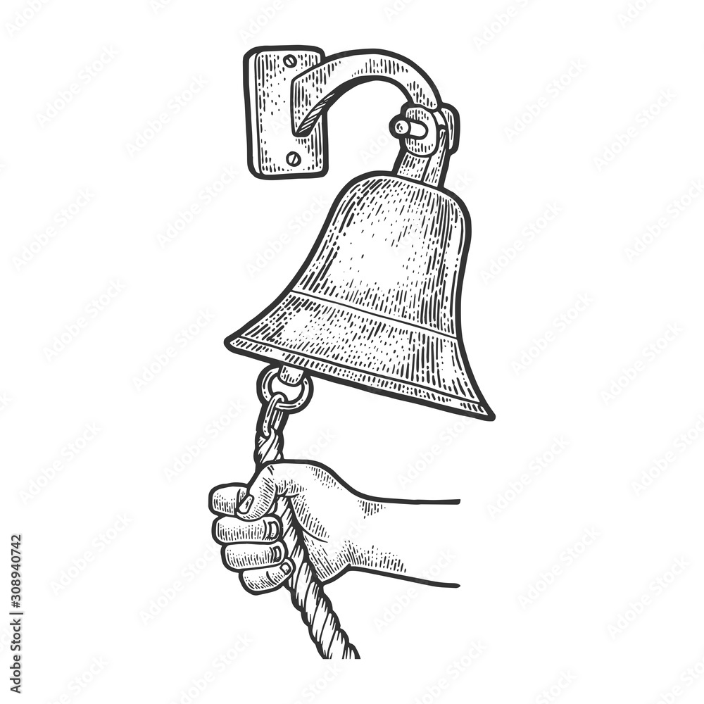 Hand ring in ship bell sketch engraving vector illustration. T-shirt ...