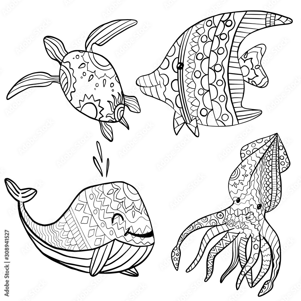vector illustration set of coloring sea animals on a white background ...