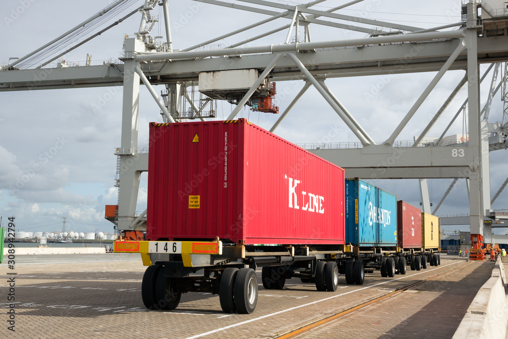 ROTTERDAM, NETHERLANDS - SEP 6, 2015: Row of containers ready to be ...