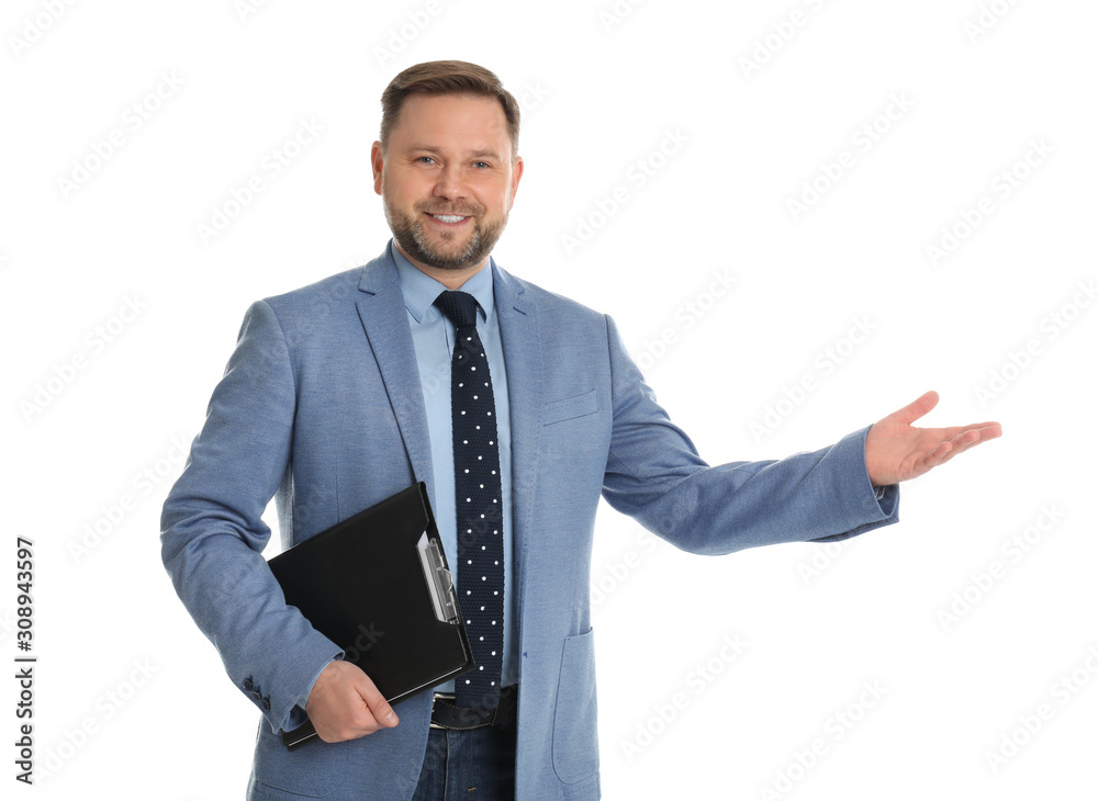 Real estate agent with clipboard on white background Stock Photo ...