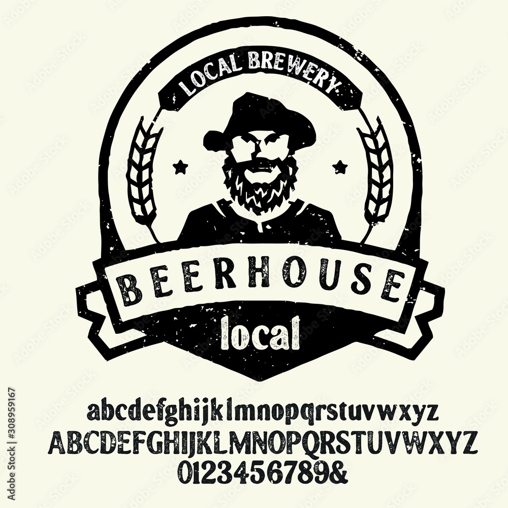 " beer " typeface. Vector hand crafted font in medieval style with hops ...