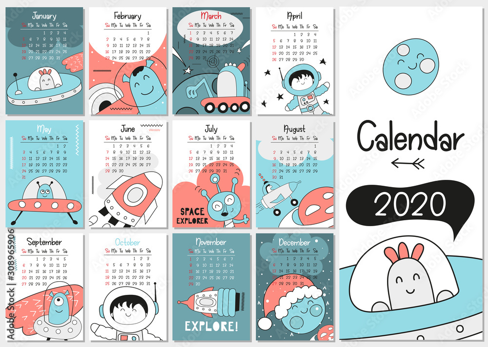 Vetor de Space Calendar 2020. Yearly Planner Calender with all Months ...