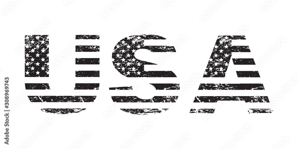 USA flag grunge text, American flag in letters, black isolated on white ...