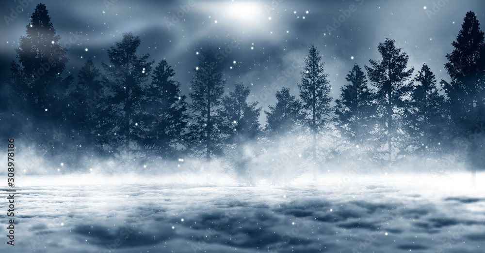 Dark winter forest background at night. Snow, fog, moonlight. Dark neon ...