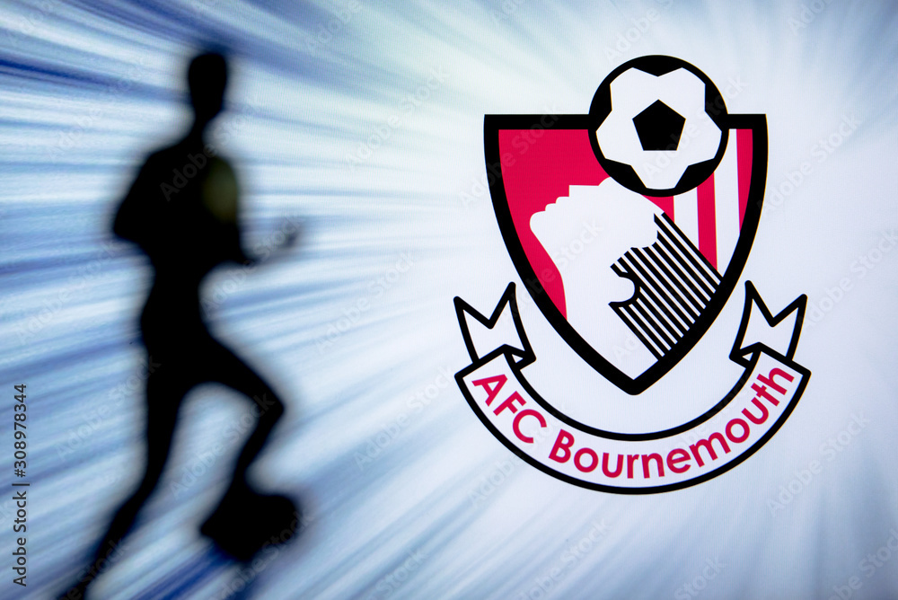 LONDON, ENGLAND, JULY. 1. 2019: Bournemouth Football club logo, Premier ...