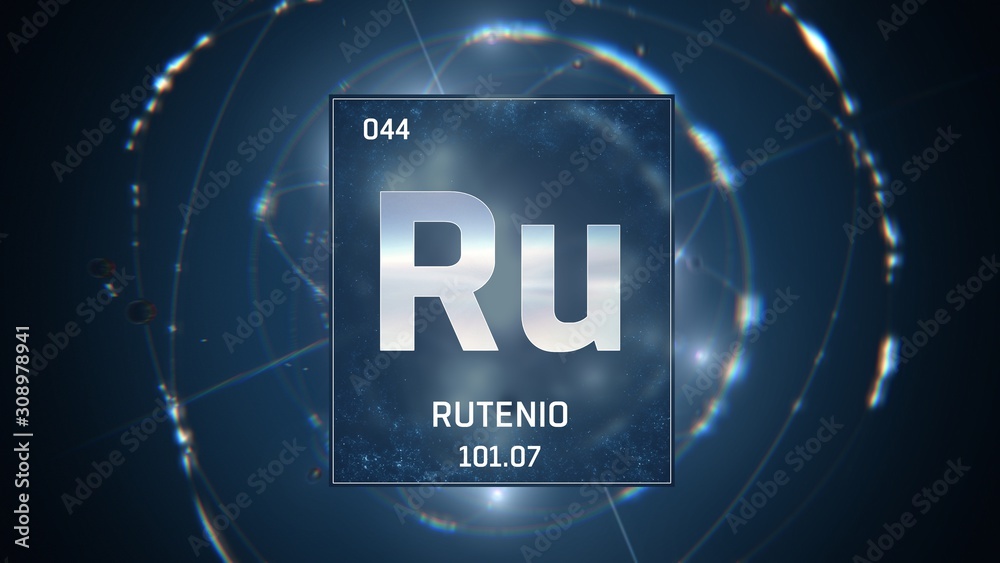 3D illustration of Ruthenium as Element 44 of the Periodic Table. Blue ...