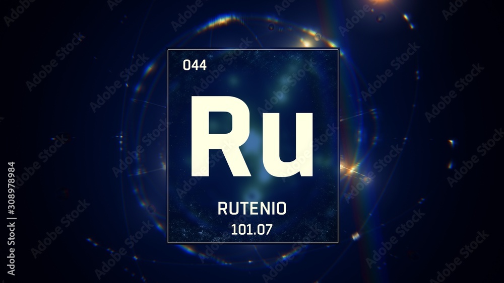 3D illustration of Ruthenium as Element 44 of the Periodic Table. Blue ...