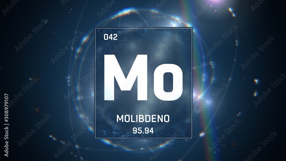 3D illustration of Molybdenum as Element 42 of the Periodic Table. Blue ...