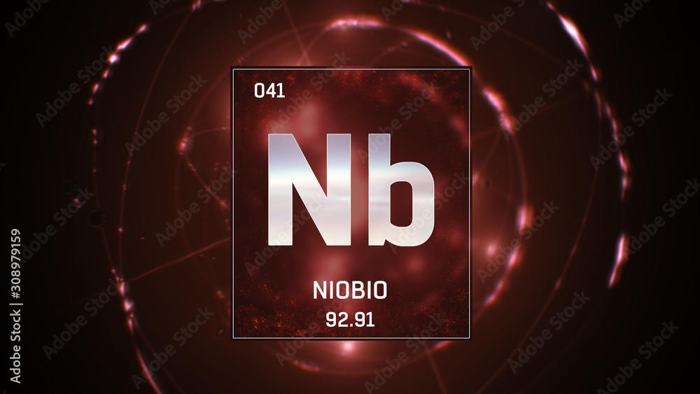 3D illustration of Niobium as Element 41 of the Periodic Table. Red ...