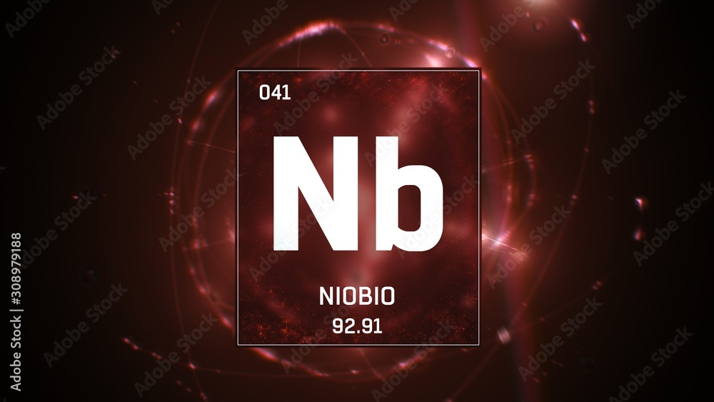 3D illustration of Niobium as Element 41 of the Periodic Table. Red ...