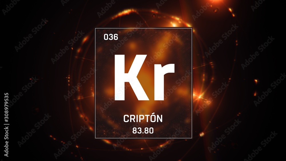 3D illustration of Krypton as Element 36 of the Periodic Table. Orange ...