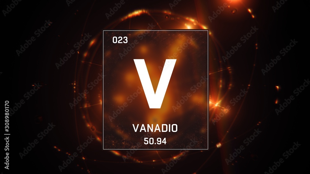 3D illustration of Vanadium as Element 23 of the Periodic Table. Orange ...
