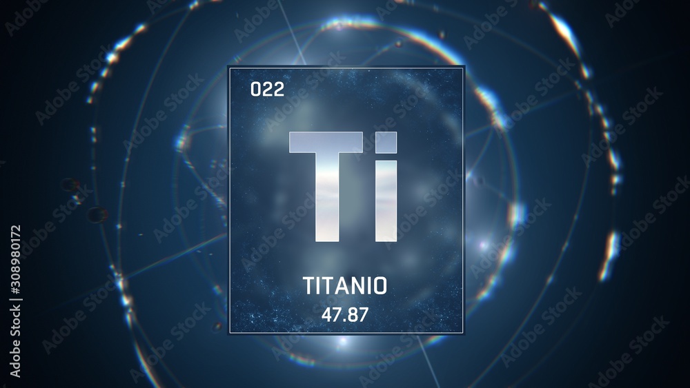 3D illustration of Titanium as Element 22 of the Periodic Table. Blue ...