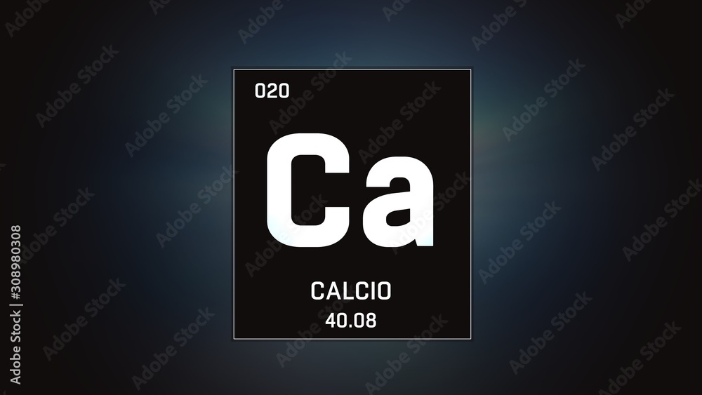 3D illustration of Calcium as Element 20 of the Periodic Table. Grey ...