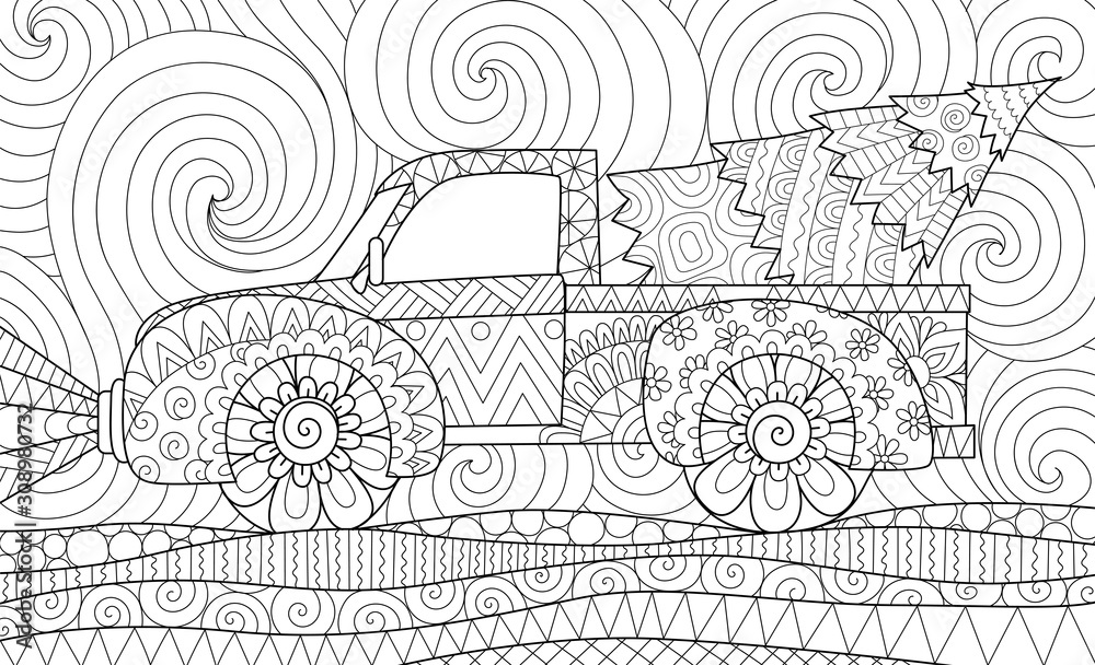 Line Art Design Of Pickup Truck With Christmas Tree For Adult Coloring Line Art Design Of Pickup Truck With Christmas Tree For Adult Coloring