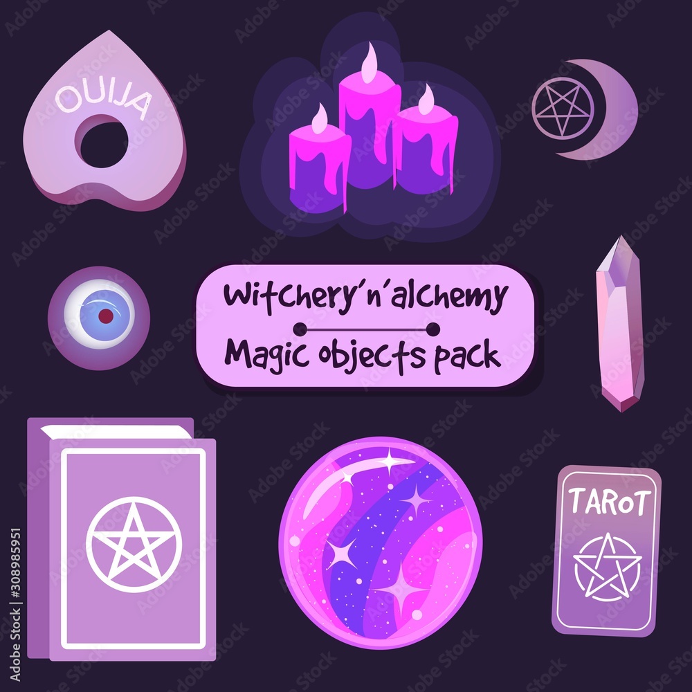 Magic witchery objects and symbols, vector pack. Crystals, candles and other pagan and occult ...