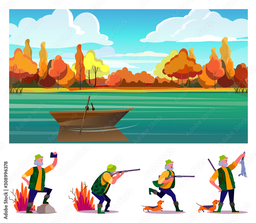Hunting game flat vector illustration set. Hunter shooting rifle ...