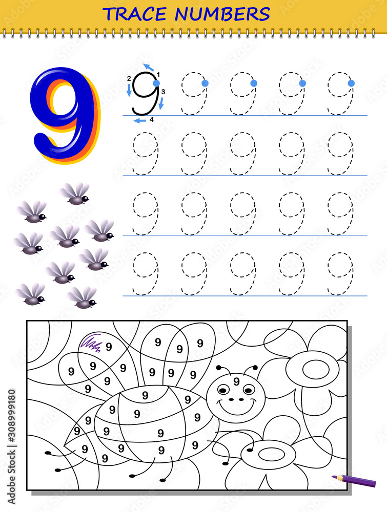 Educational page for kids with number 9. Printable worksheet for ...
