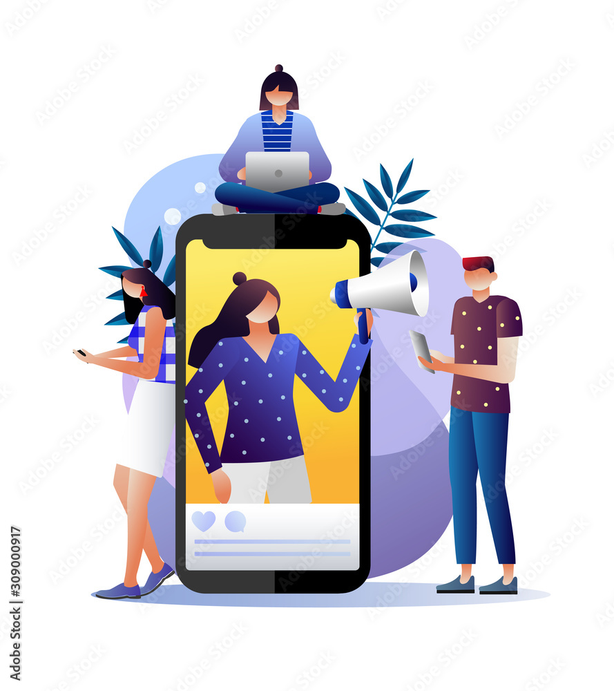 Mobile phone, woman with megaphone on screen and young people ...