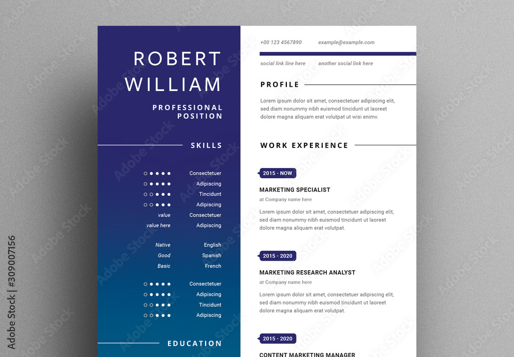 Modern Resume Layout with Classic Blue Accent Stock Template | Adobe Stock